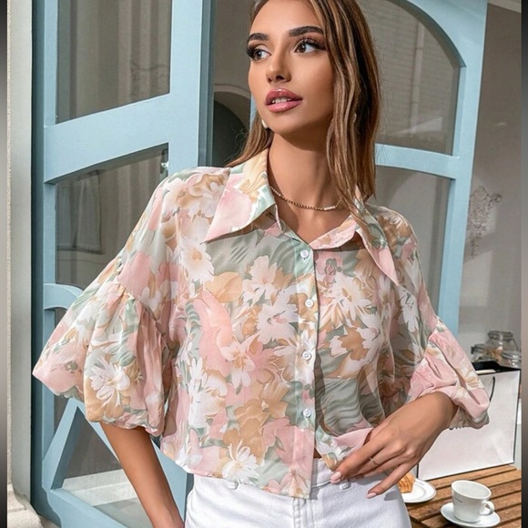 Rebellious Rose | Tops | Floral Print Lantern Sleeve Button Front Shirt ...